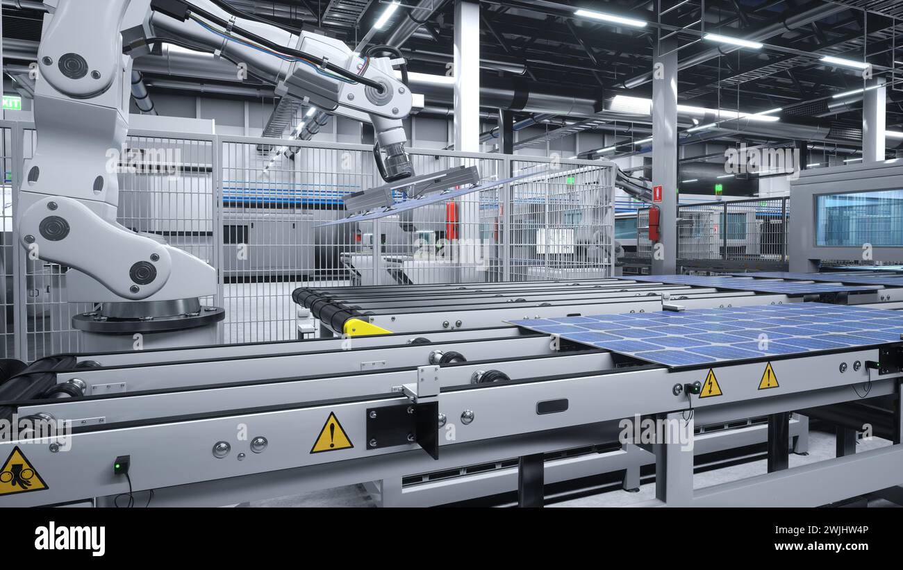 High tech robot arms placing solar panels on large production line in ...