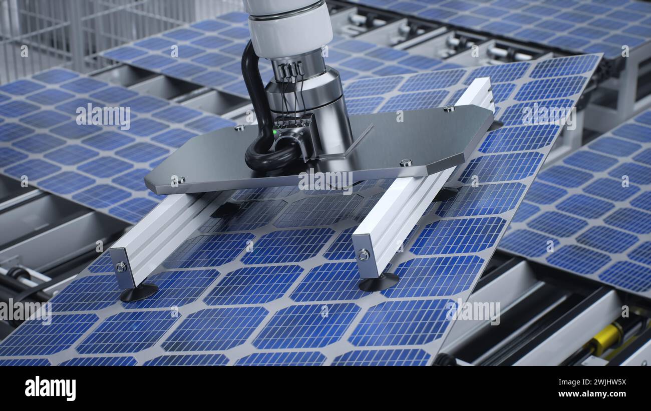 Solar panel placed on conveyor belt, operated by robot arm, moving around facility, 3D ...