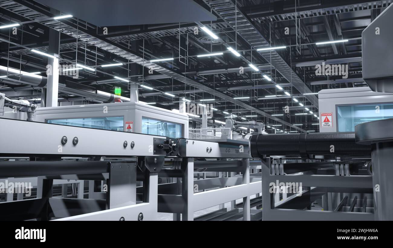 Solar panel factory with robotic arms placing PV modules on automation ...