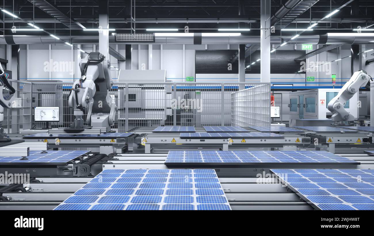 Industrial robot arms placing solar panels on large production line in ...