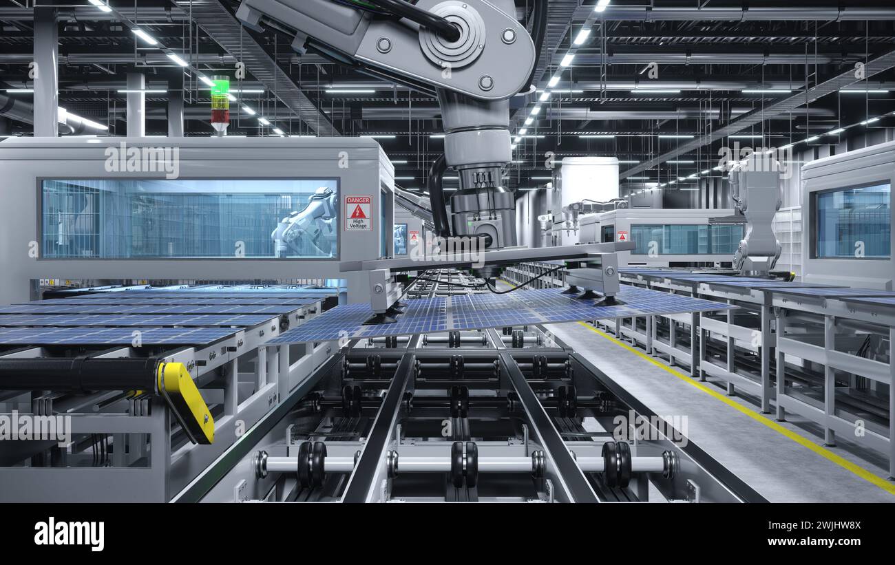 Industrial robot arm in cutting edge solar panel factory maneuvering ...