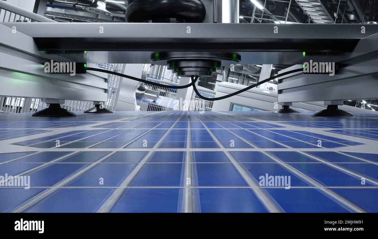 Solar panel placed on conveyor belt, operated by robot arm, moving ...