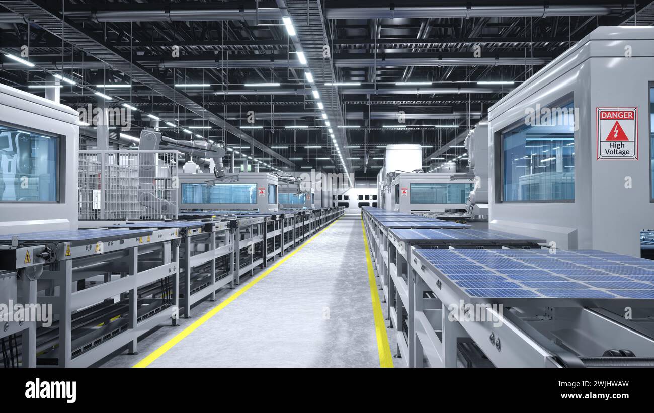 Company producing solar panels in factory with robotic arms placing ...
