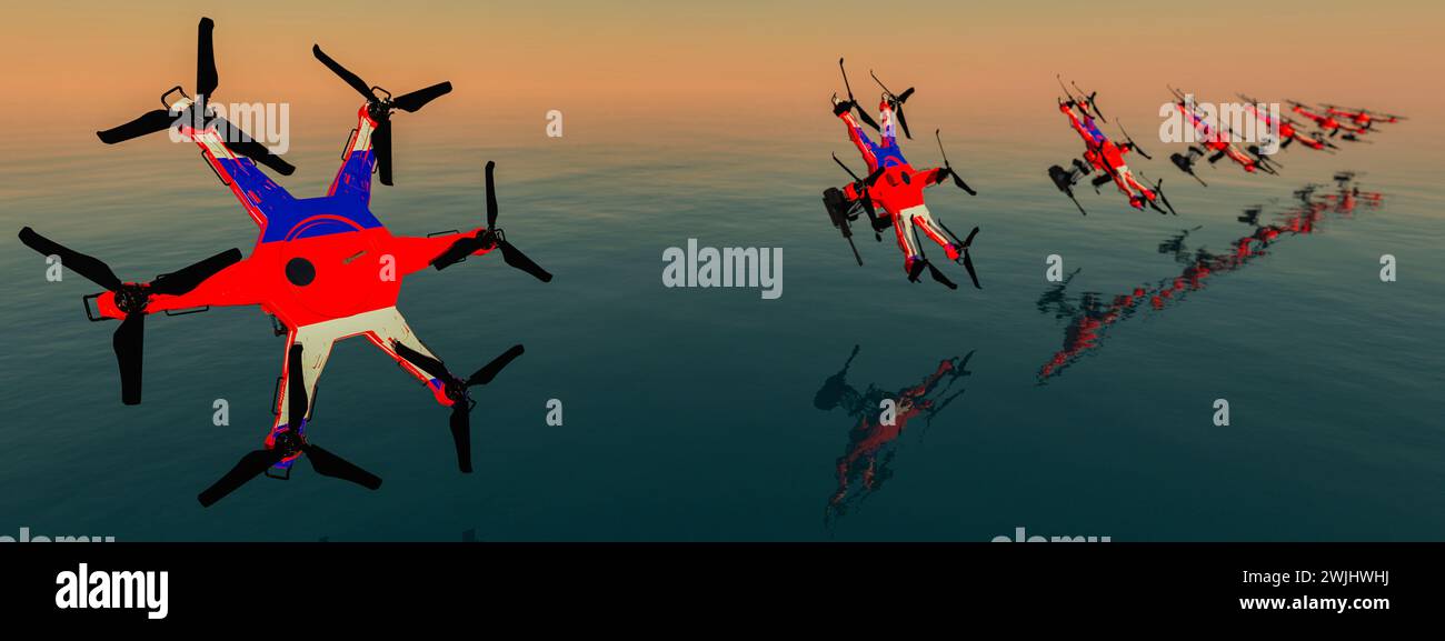 Twilight Flight: Robotic Drones in Red and Blue Over Sea at Sunset ...