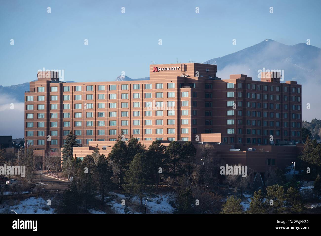 Sunrise on the Marriott Hotel, with the Rocky Mountains in the distance ...