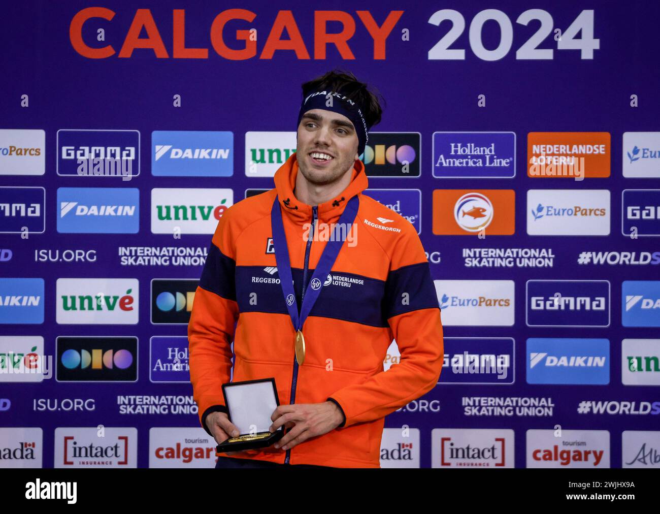 Patrick Roest, of the Netherlands, celebrates on the podium after ...