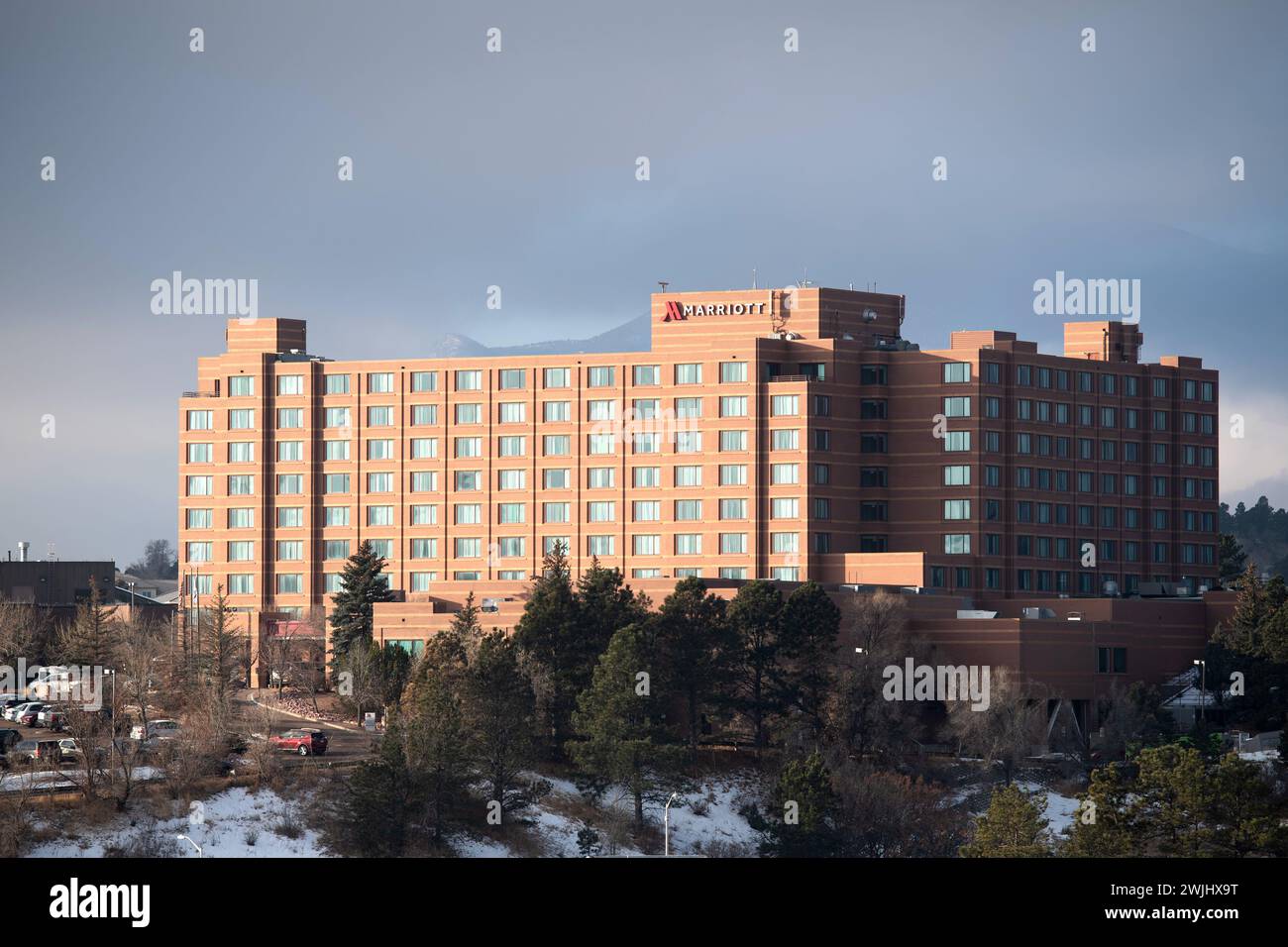 Sunrise on the Marriott Hotel, with the Rocky Mountains in the distance ...