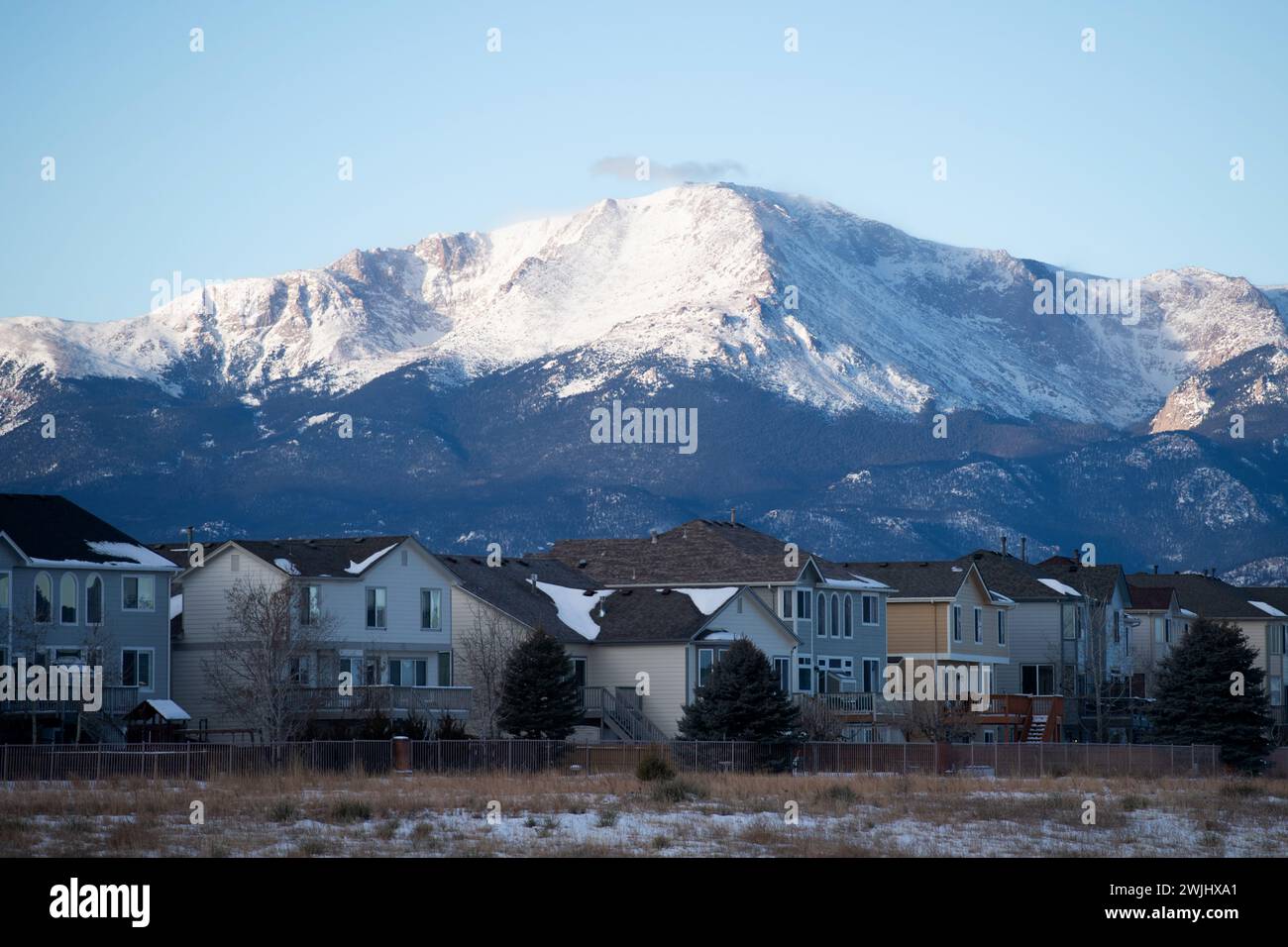 A view of snowy Pikes Peak, America's Mountain, from the Briargate ...