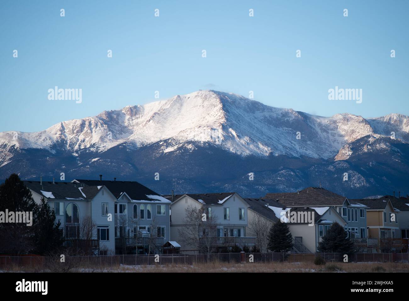 A view of snowy Pikes Peak, America's Mountain, from the Briargate ...