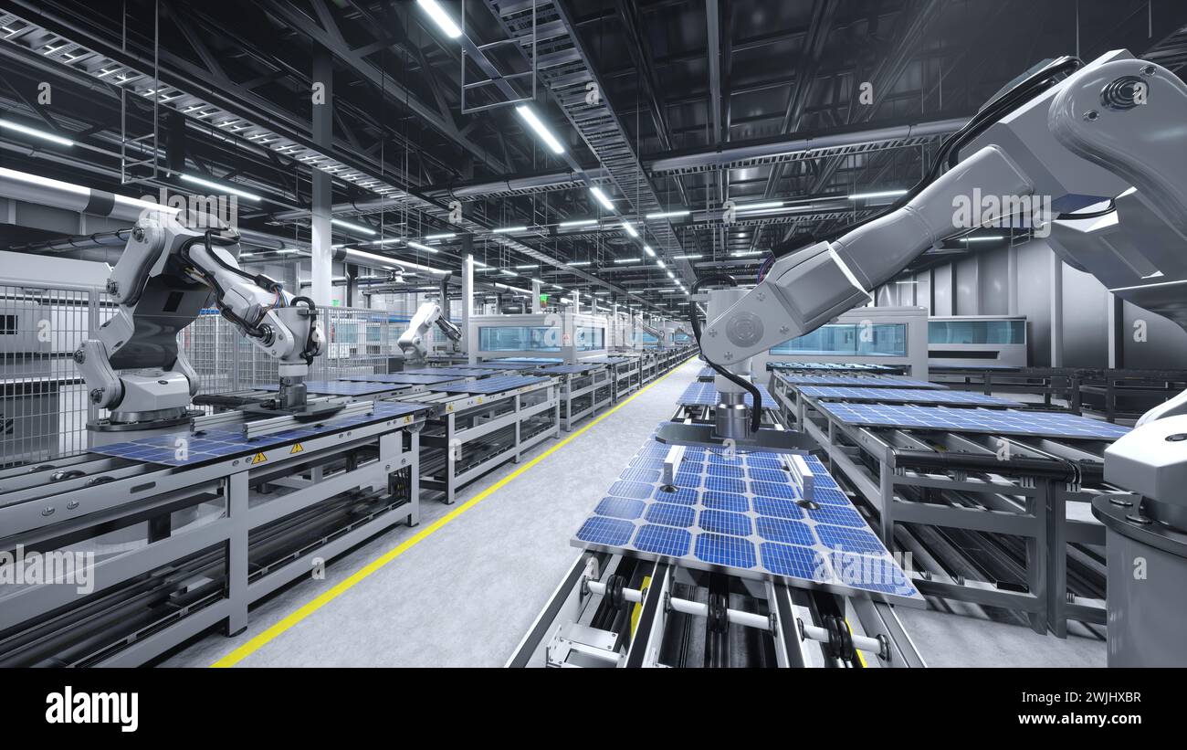 Solar panel factory with industrial robot arms placing PV modules on ...