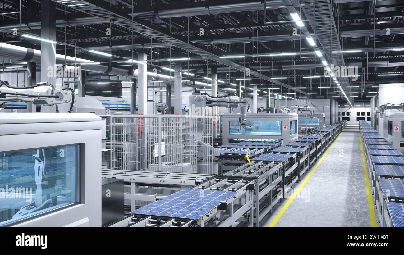 Industrial robot arms placing solar panels on large production line in ...