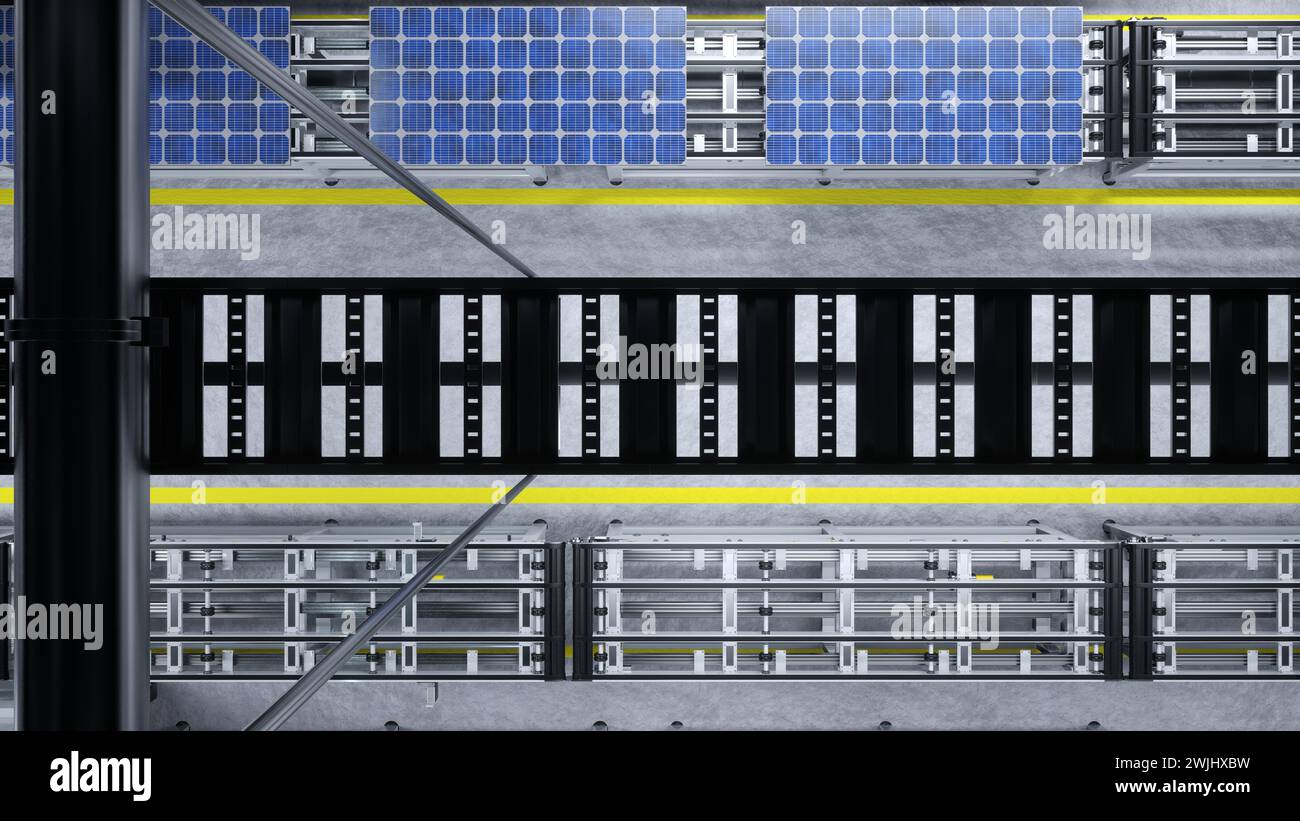 Top down view of solar panels on assembly line operated by high tech ...