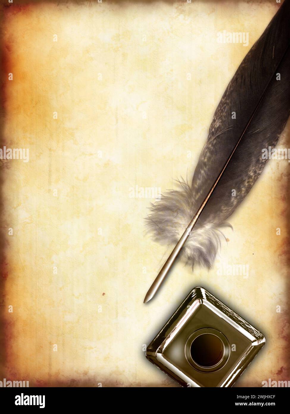 Quill pen and vintage paper, copyspace on the left. Digital ...