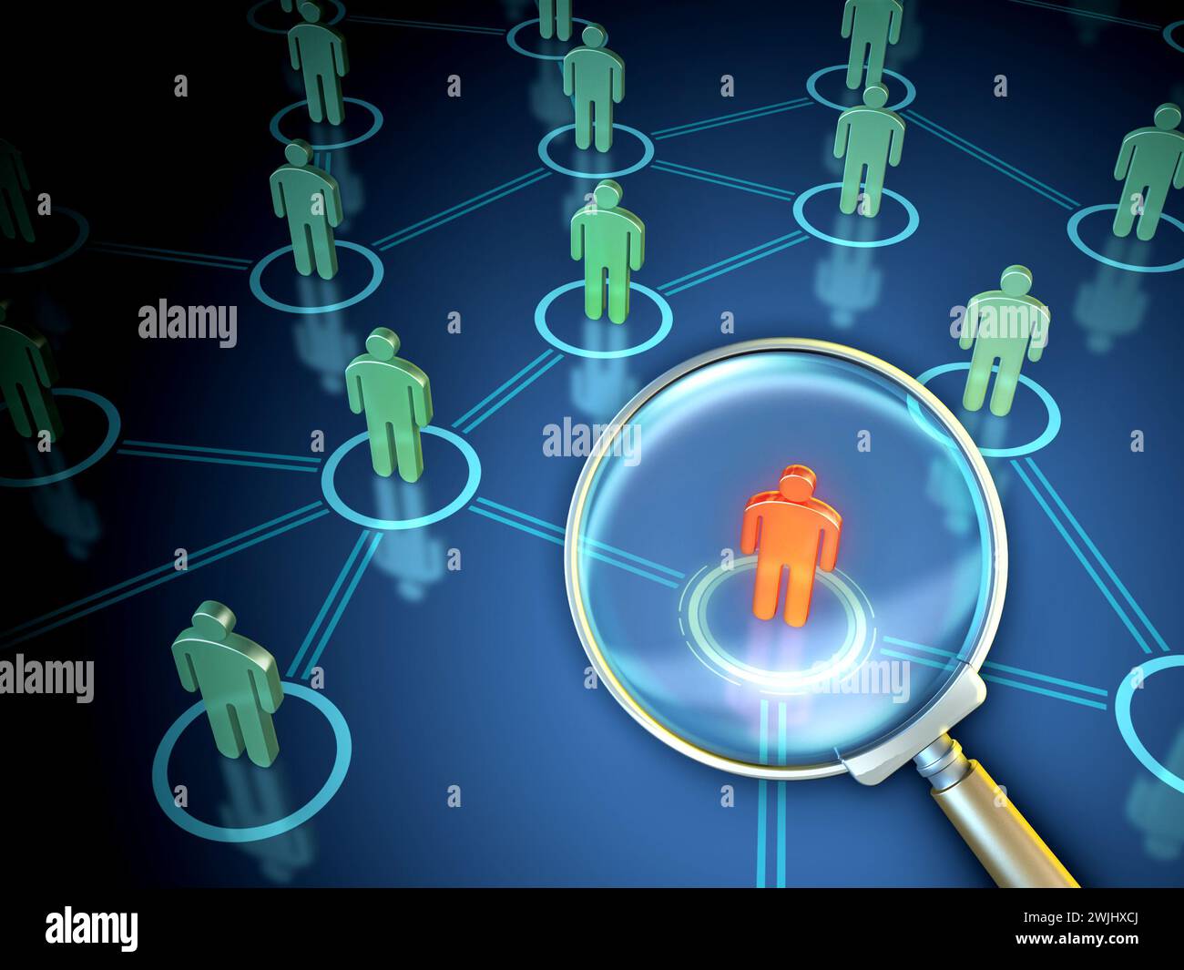 A big magnifying lens is searching over a network of people icons ...
