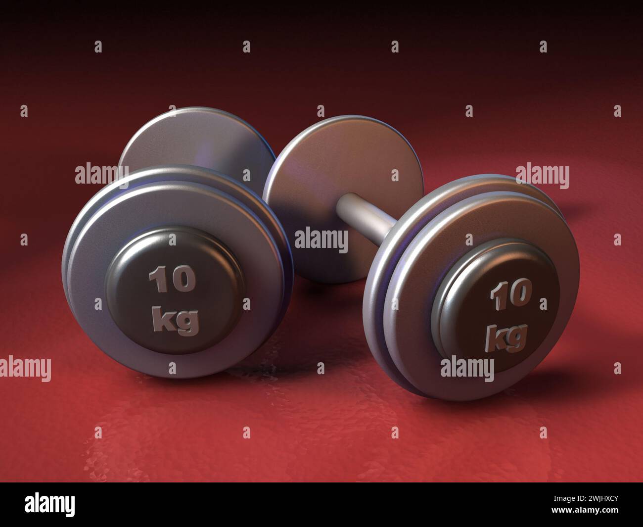 Two 10 kgs weights over a red background. CG illustration Stock Photo ...