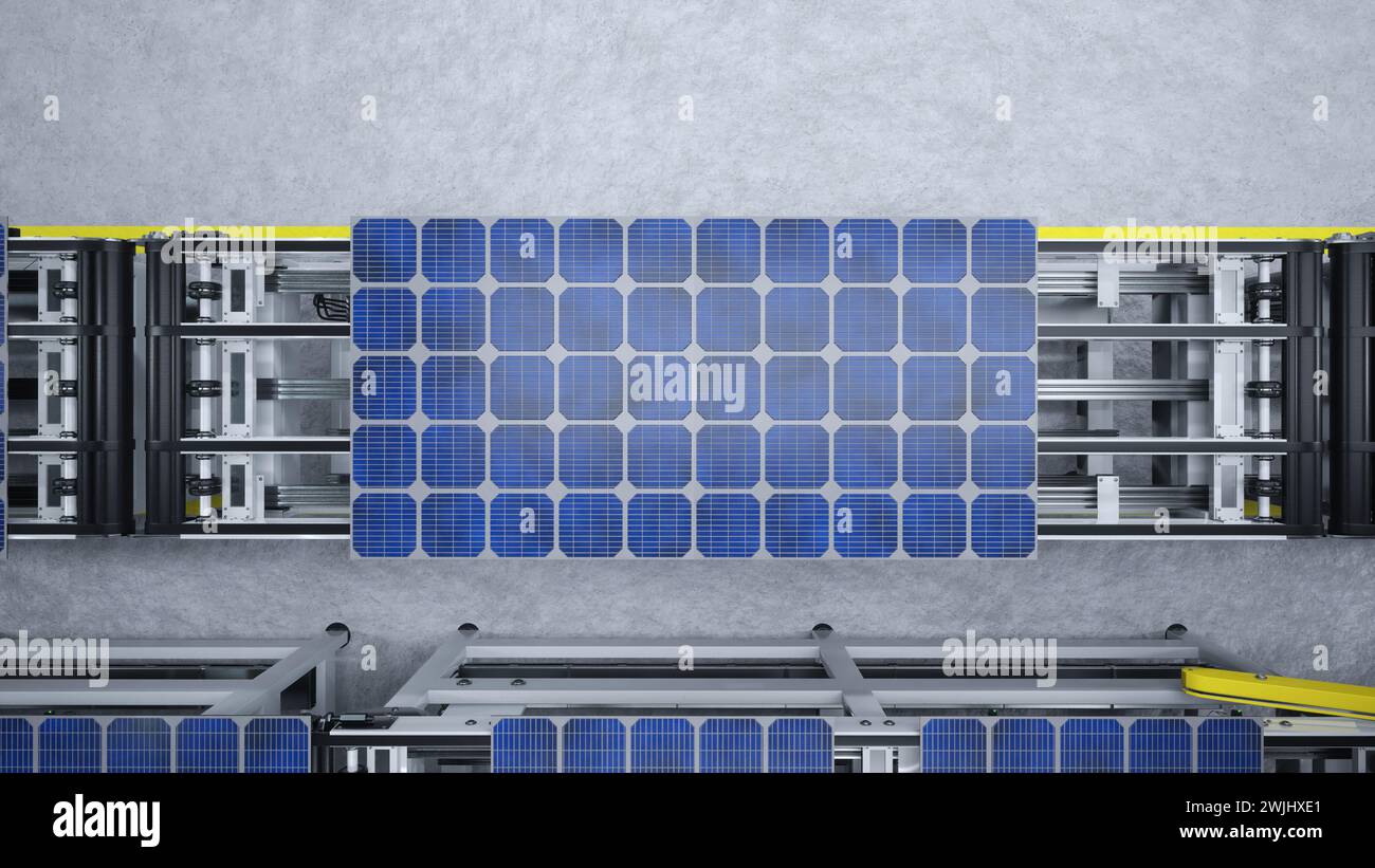 Top down view of solar panels on assembly line operated by high tech ...