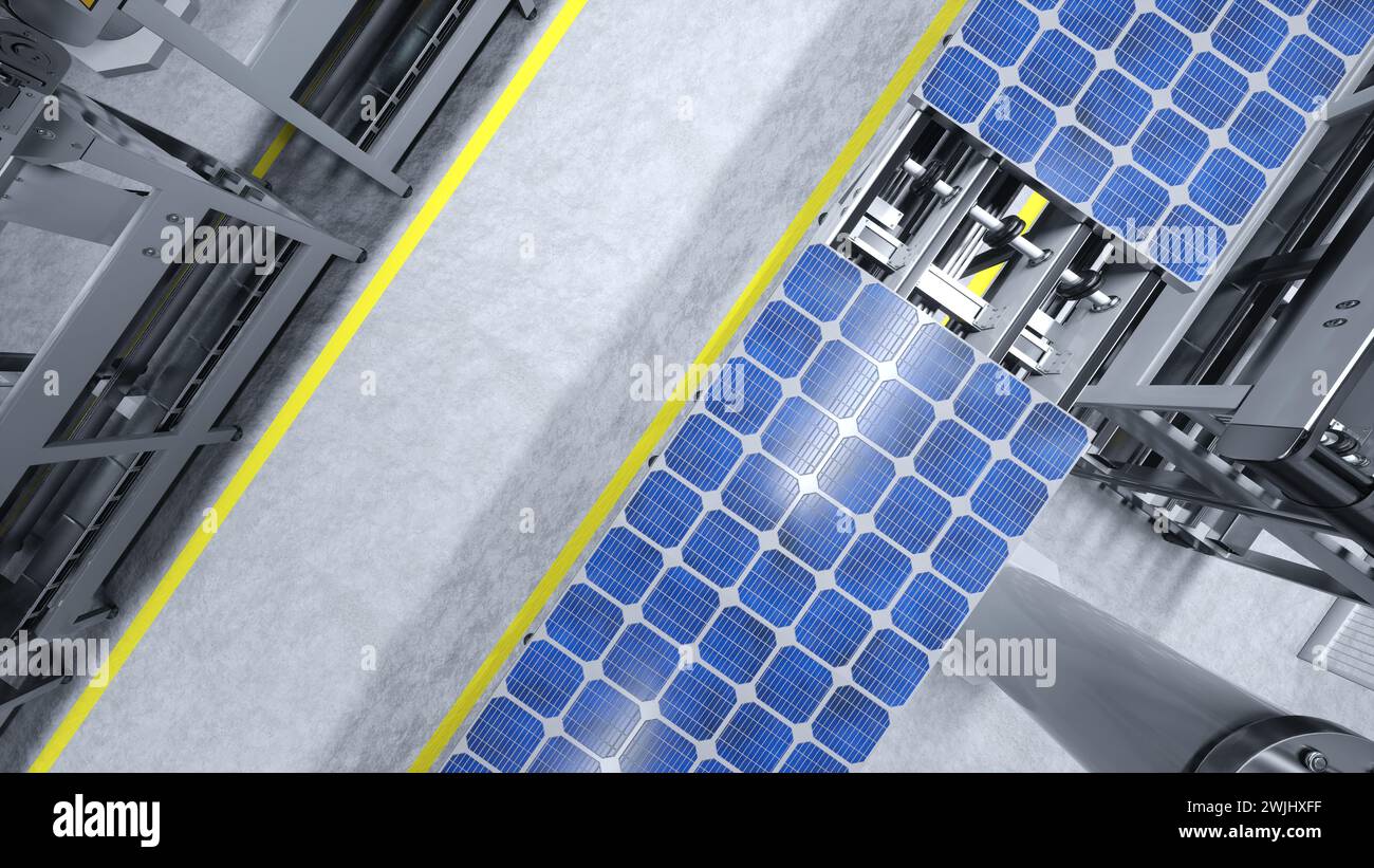 Top down view of solar panel assembly line operated by high tech robot ...