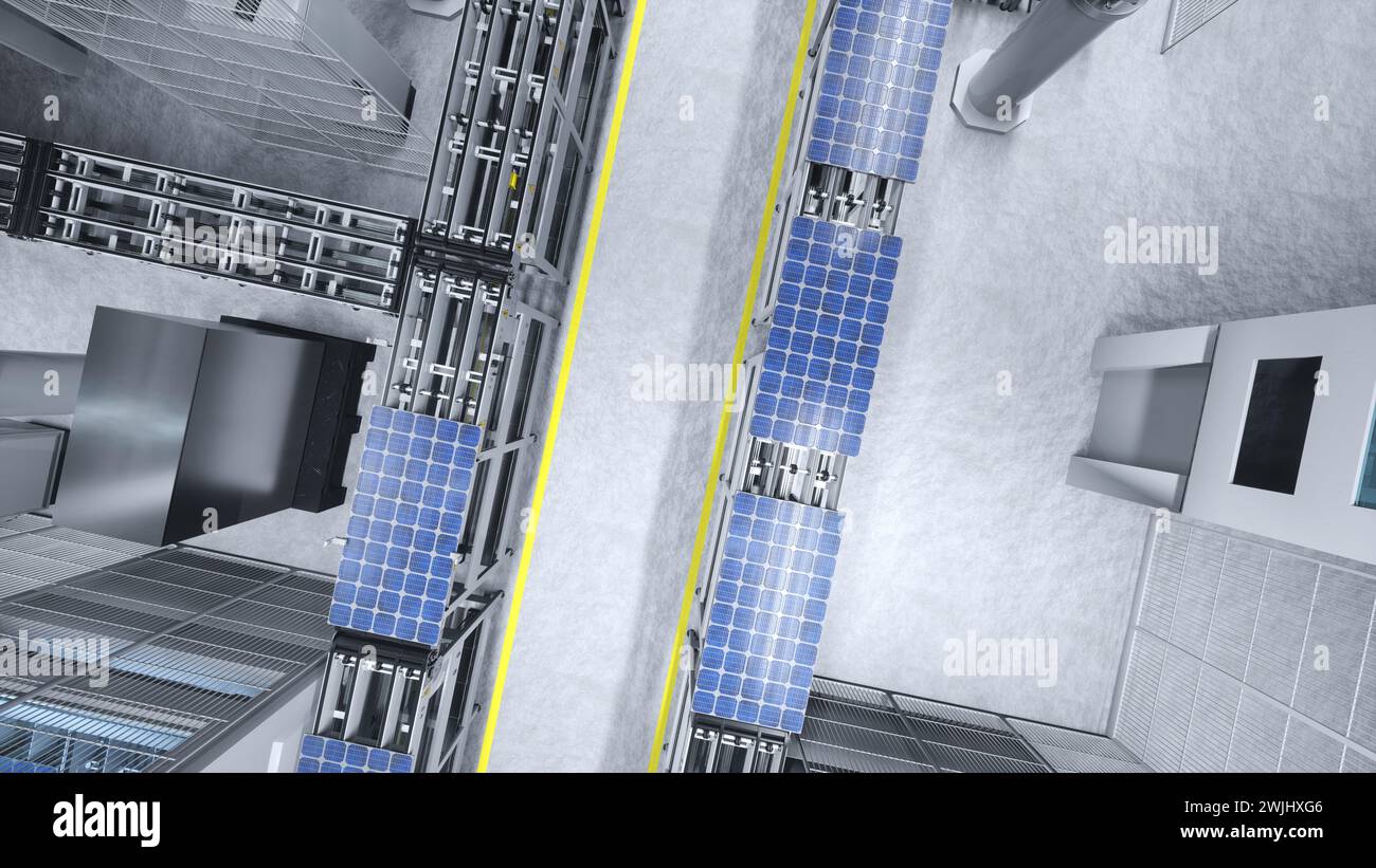 Top down view of solar panels on conveyor belts operated by high tech ...