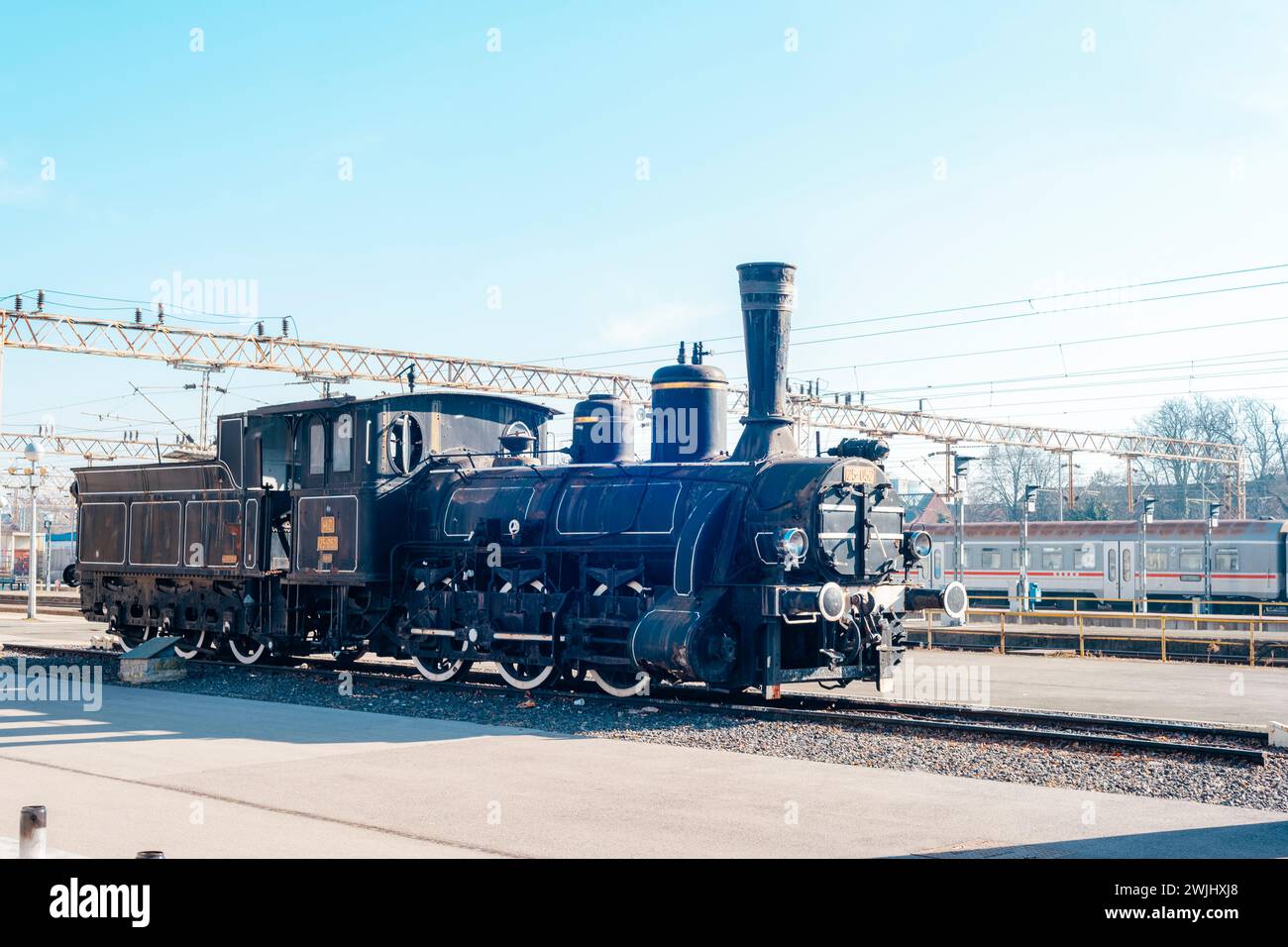 Zagreb Croatia - 4 February 2024: Old steam locomotive on main railway ...