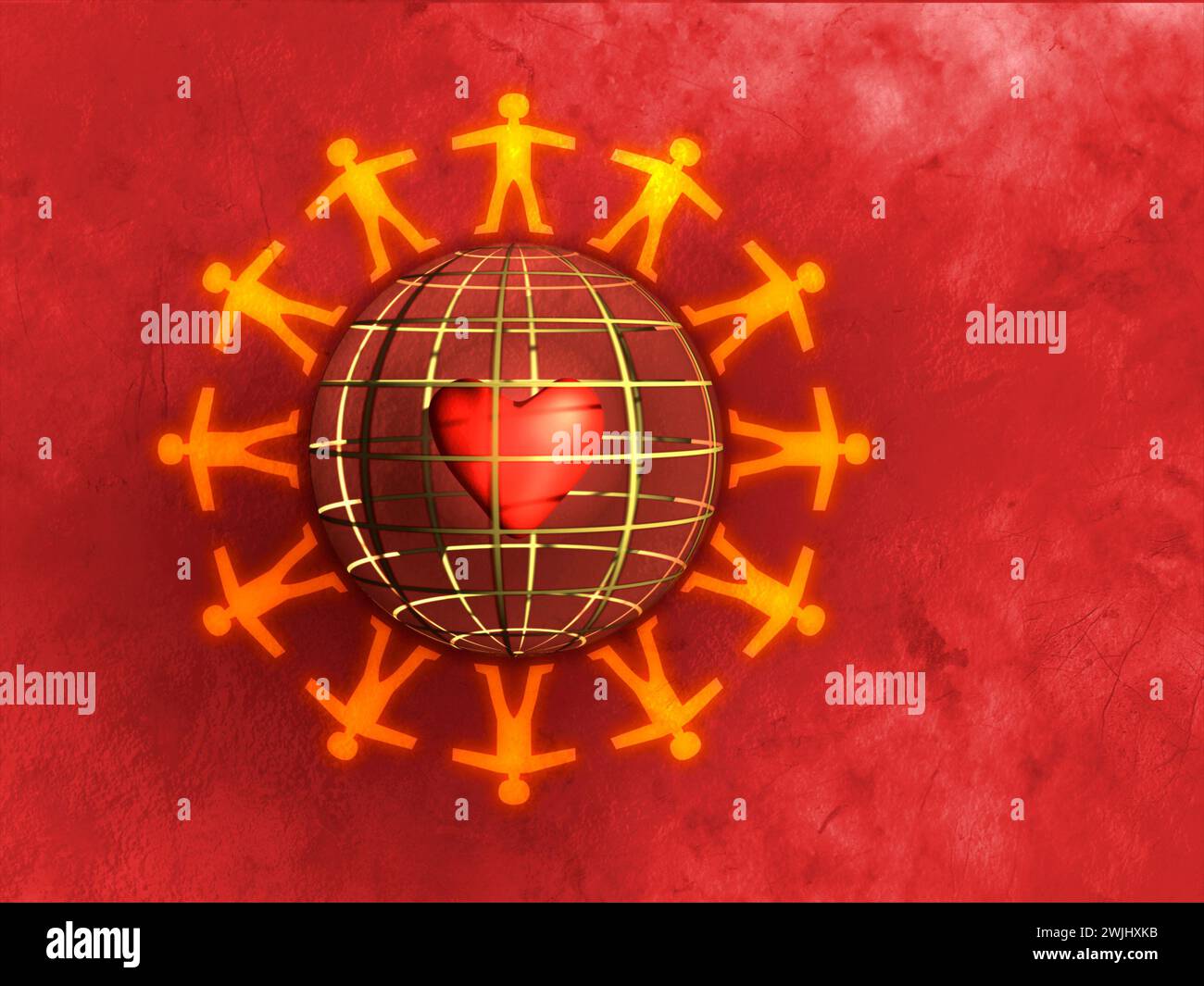 People silhouettes holding hands around a sphere. Heart visible inside ...