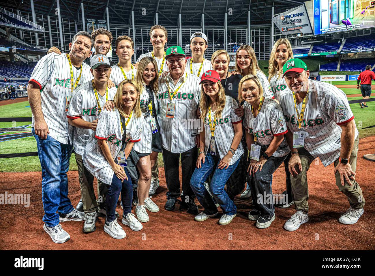 MIAMI, FLORIDA - FEBRUARY 2: Enrique Mazón throwing the first ball ...