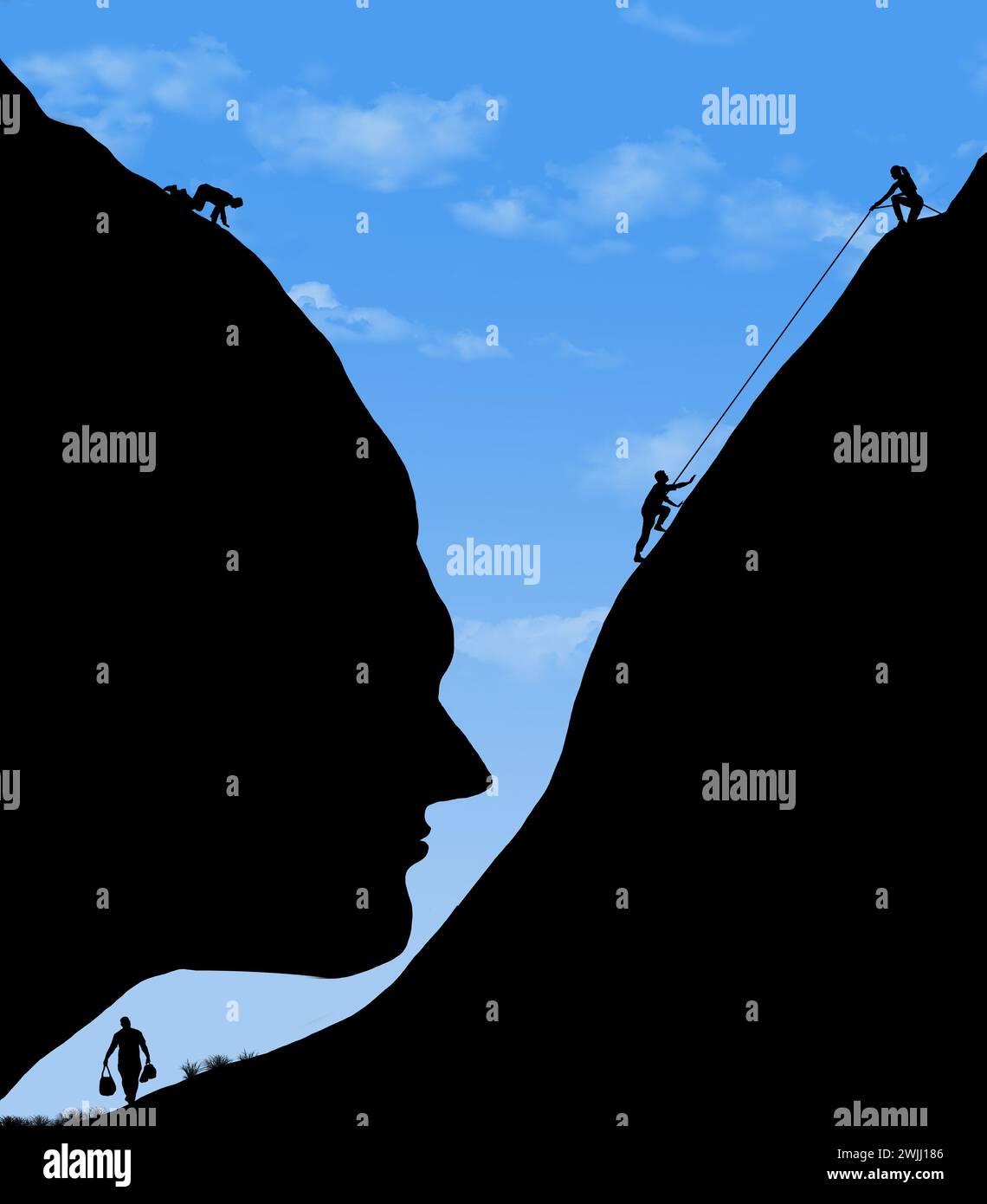 Rock climbers are seen in silhouette climbing rocky terrain and one ...