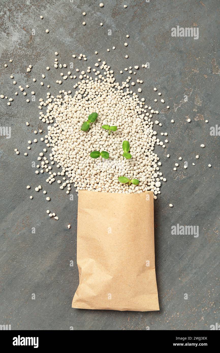 Paper bag with granular fertilizer and seedlings on grey grunge ...