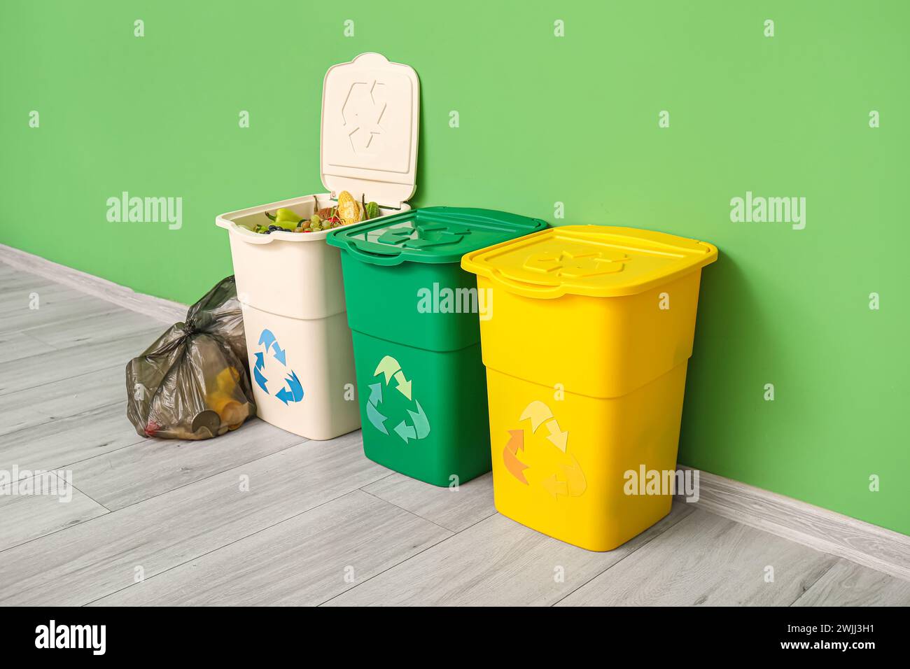 Containers for trash with food waste and full garbage bags near green ...