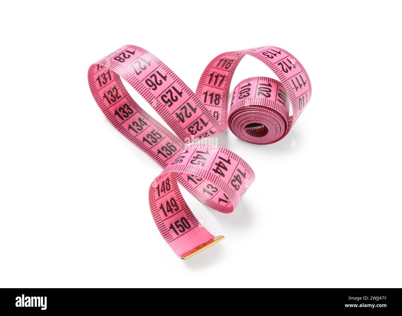 Pink measuring tape on white background Stock Photo - Alamy