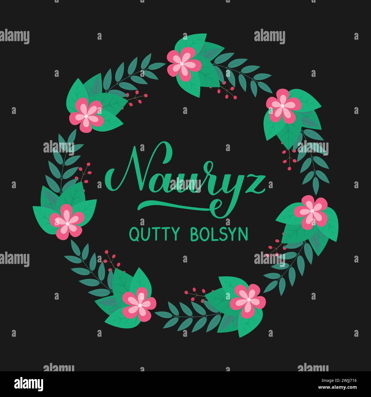 Happy Nauryz calligraphy hand lettering in Kazakh language with floral ...