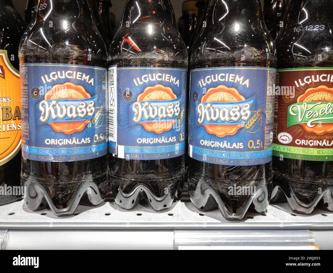 Picture of bottles of Kvas for sale in Riga, latvia. Kvass is a ...