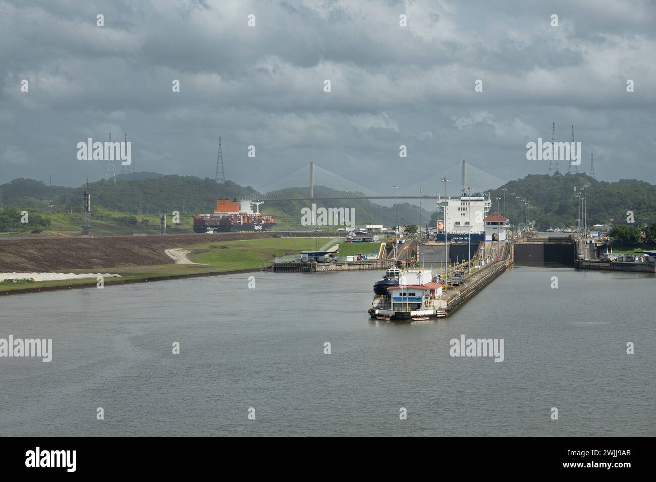Panama Canal, Panama - July 24, 2023: Pedro Miguel Locks under gray ...