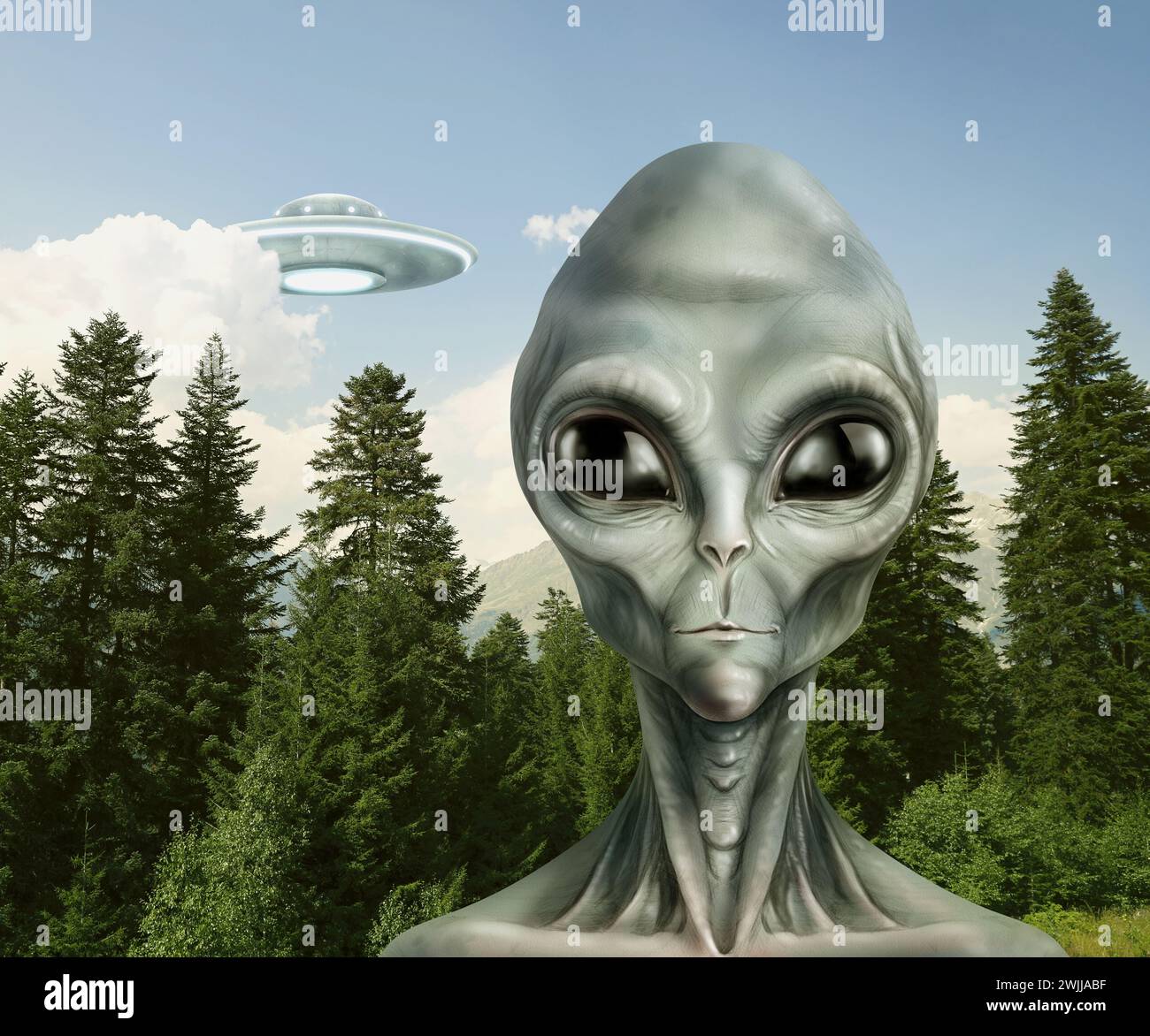 Alien and flying saucer in forest. UFO, extraterrestrial visitors Stock ...