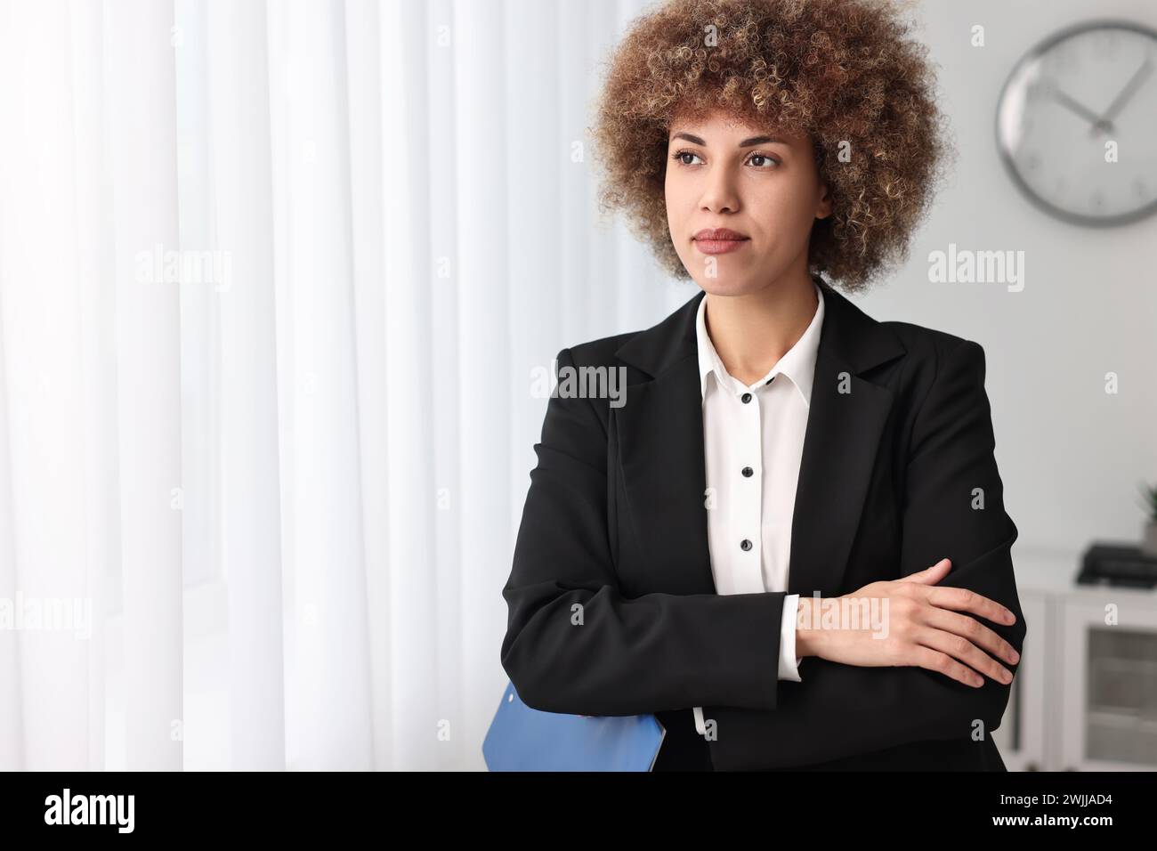 Beautiful female notary with clipboard in office, space for text Stock ...