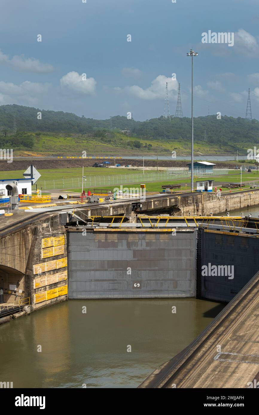 Panama Canal, Panama - July 24, 2023: Pedro Miguel Lock doors closeup ...