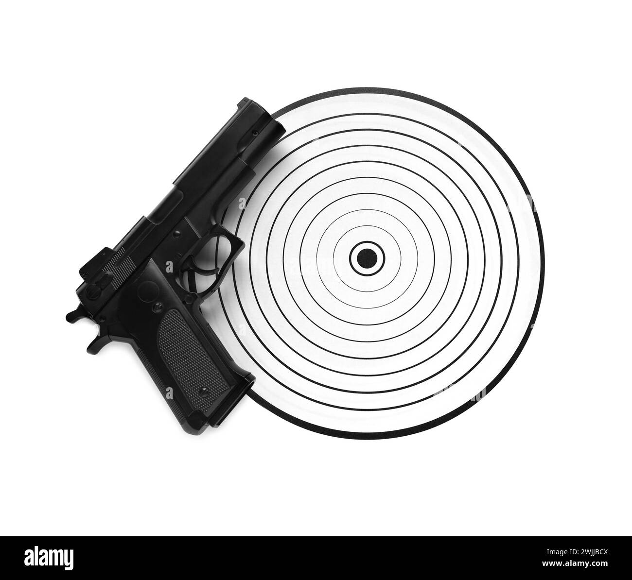 Shooting target and handgun isolated on white, top view Stock Photo - Alamy