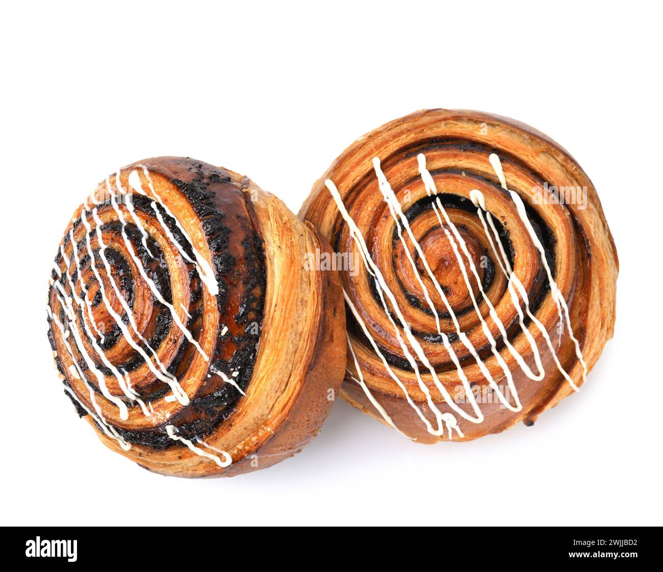 Delicious rolls with topping and poppy seeds isolated on white, top ...