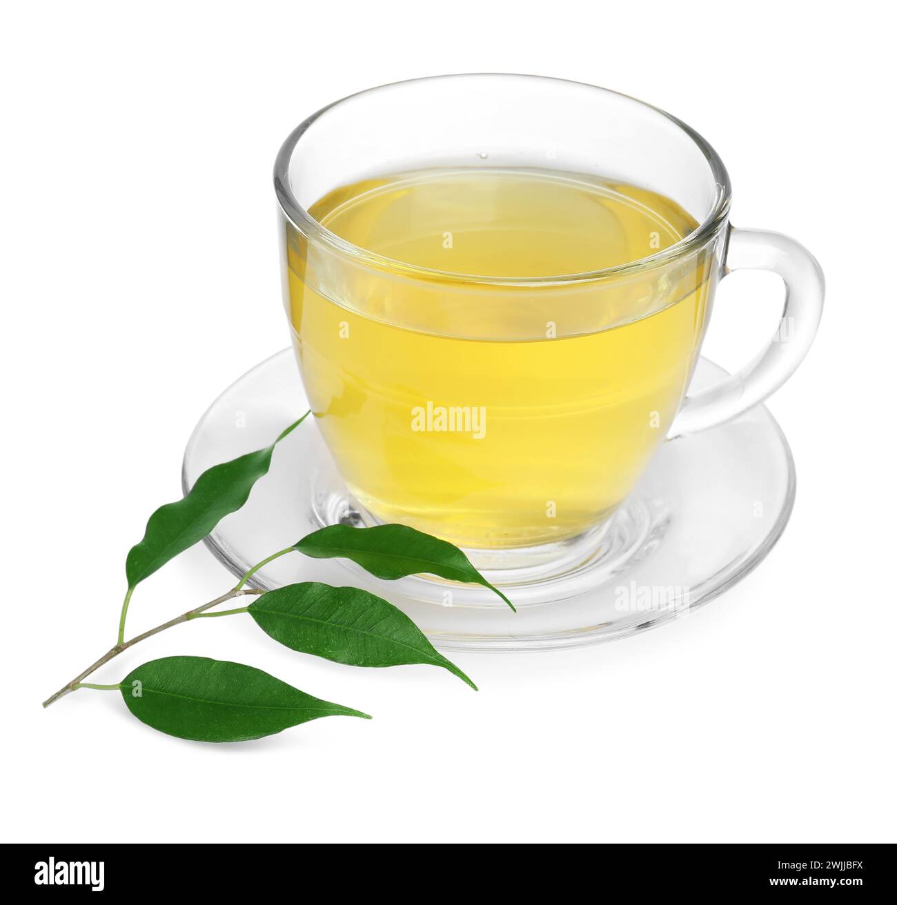 Fresh green tea in glass cup, leaves and saucer isolated on white Stock ...