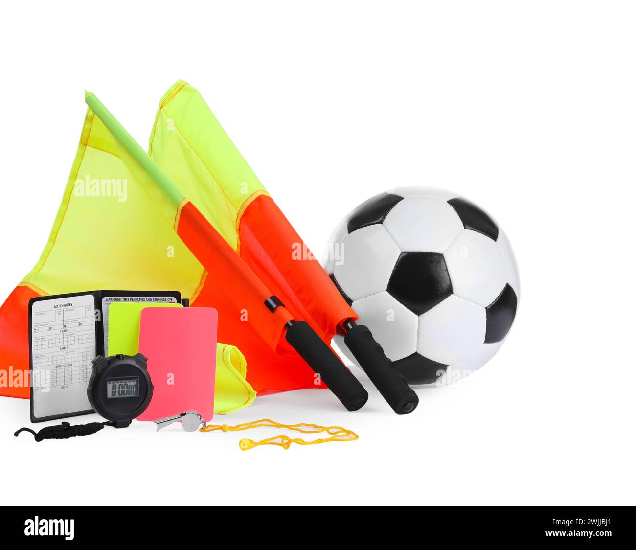 Football referee equipment. Soccer ball, flags, stopwatch, cards and ...