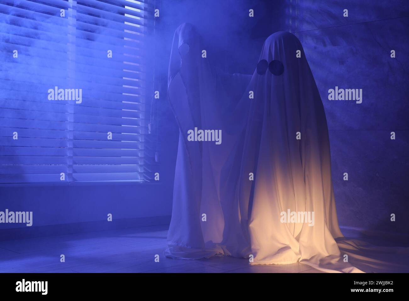 Creepy ghost. Woman covered with sheet near window in blue light Stock ...