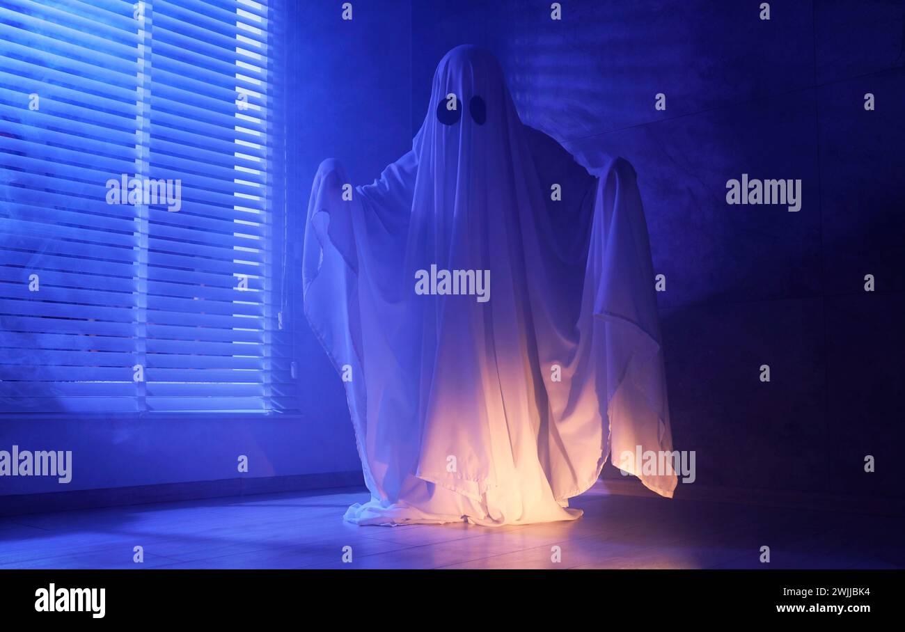 Creepy ghost. Woman covered with sheet near window in blue light Stock ...