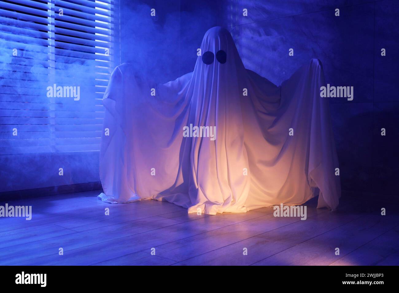 Creepy ghost. Woman covered with sheet near window in blue light Stock ...