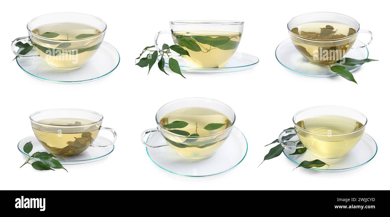 Green tea in glass cups and leaves isolated on white, set Stock Photo ...