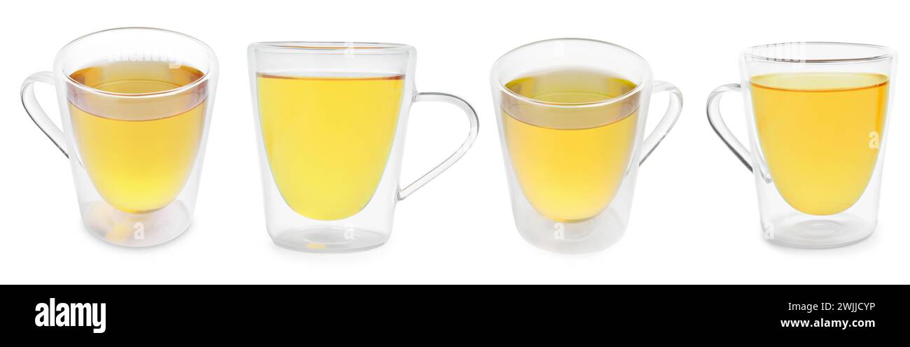 Green tea in glass cups isolated on white, set Stock Photo - Alamy