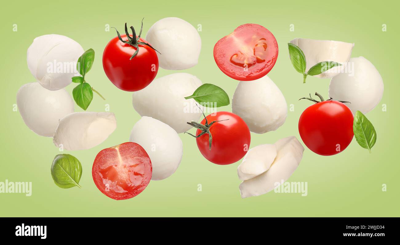 Ingredients for Caprese salad. Mozzarella balls, basil and tomatoes ...