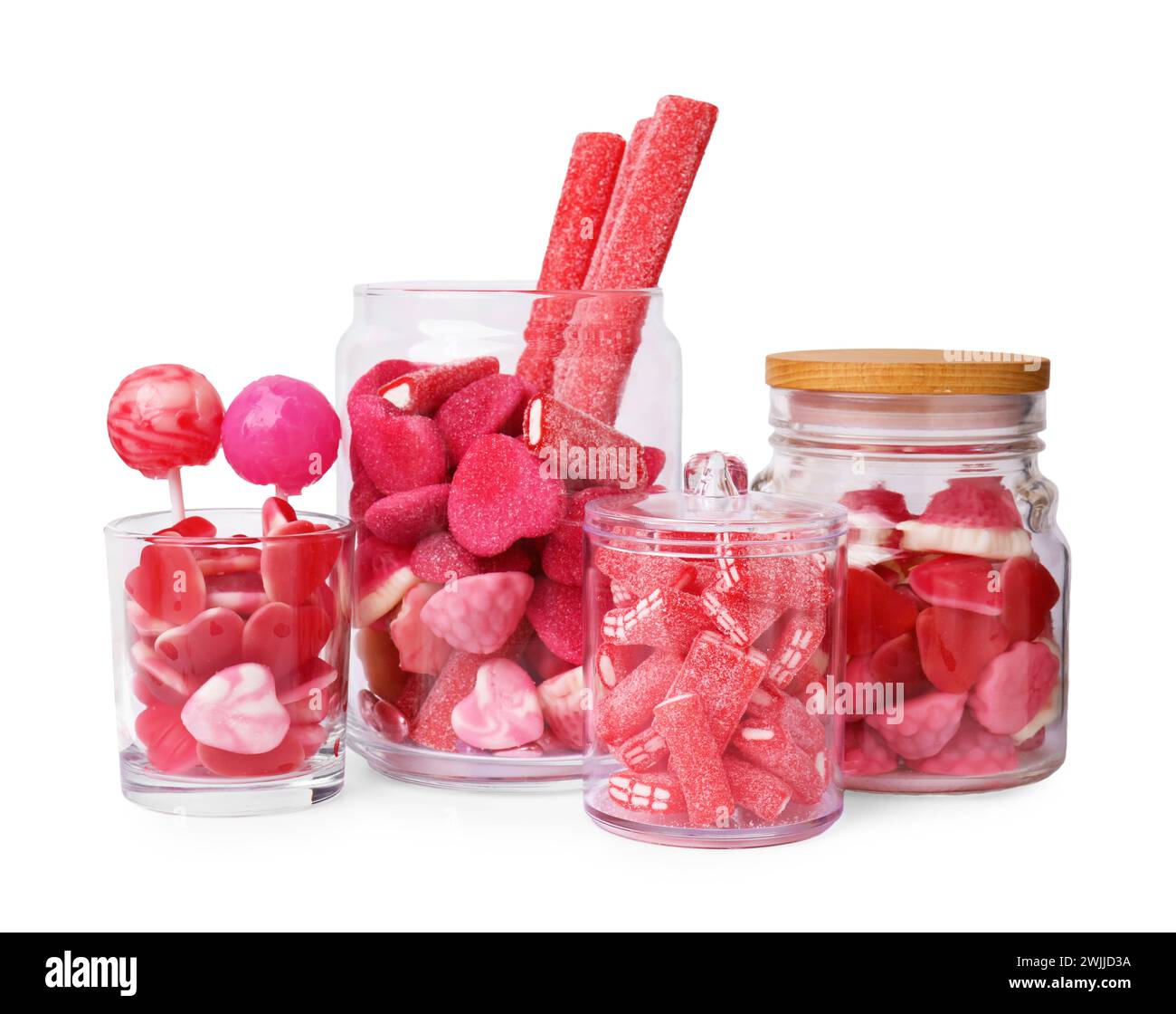 Tasty pink candies in glass jars isolated on white Stock Photo - Alamy
