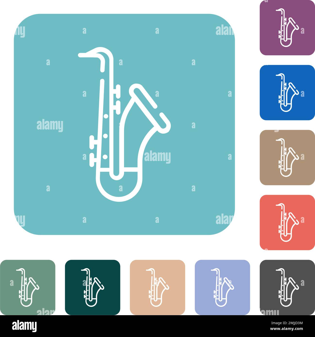 Saxophone outline white flat icons on color rounded square backgrounds ...