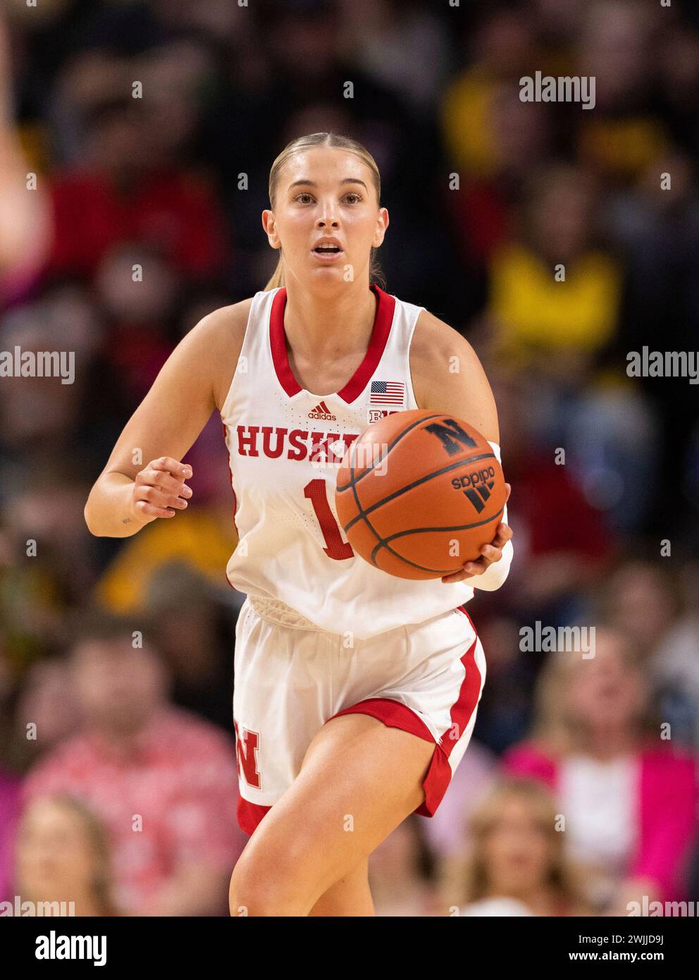 Nebraska's Jaz Shelley (1) plays against Iowa during the first half of ...