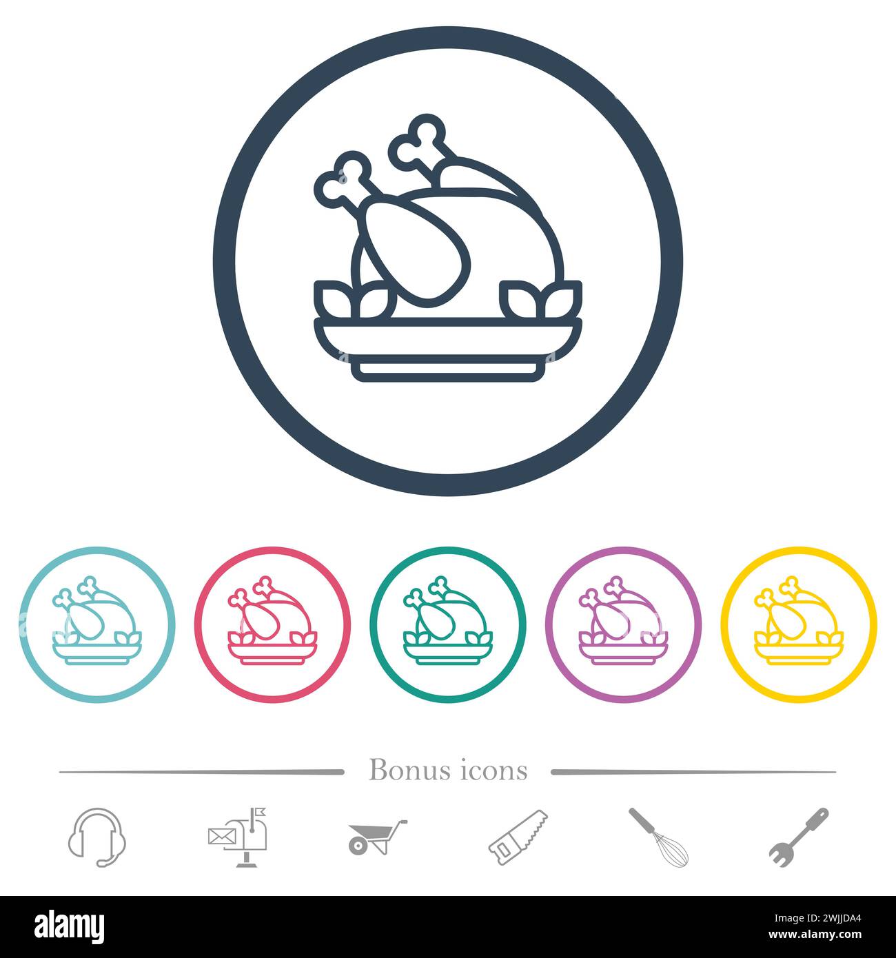Roasted chicken outline flat color icons in round outlines. 6 bonus ...