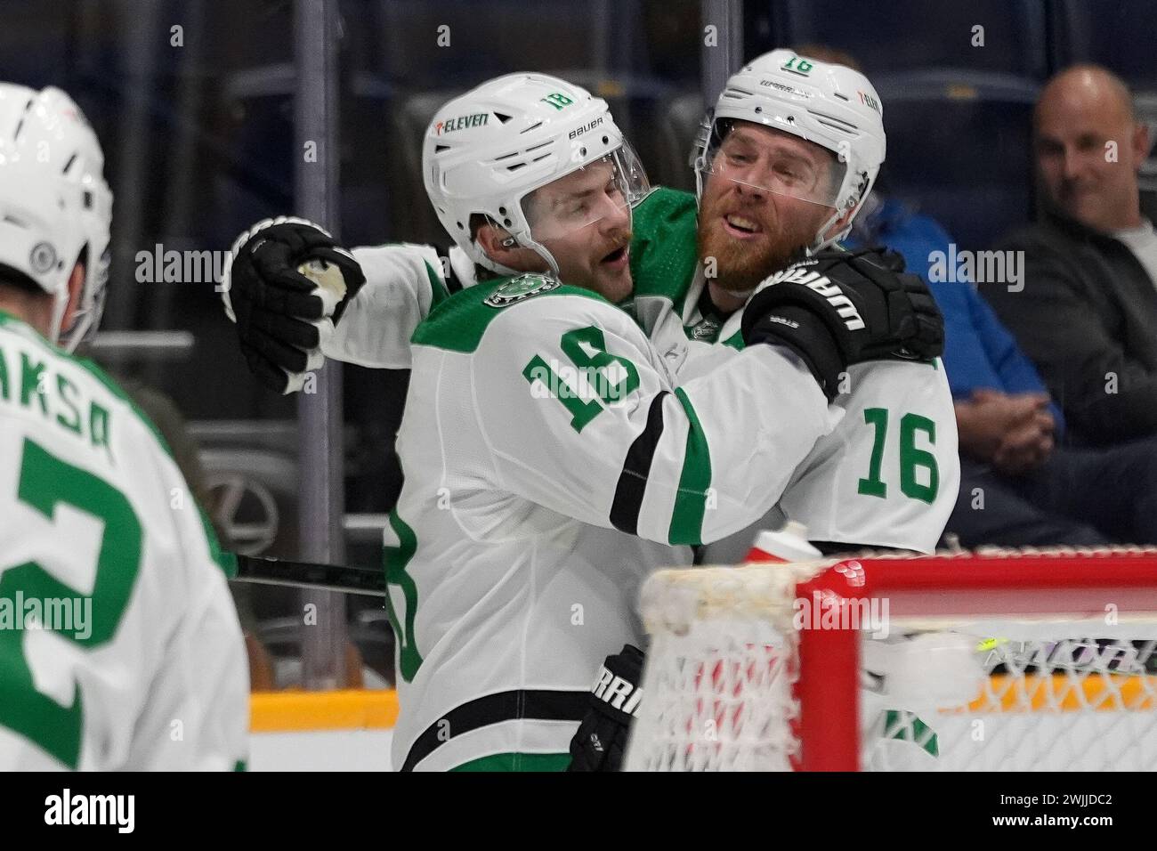 Dallas Stars center Sam Steel (18) celebrates a goal with center Joe ...